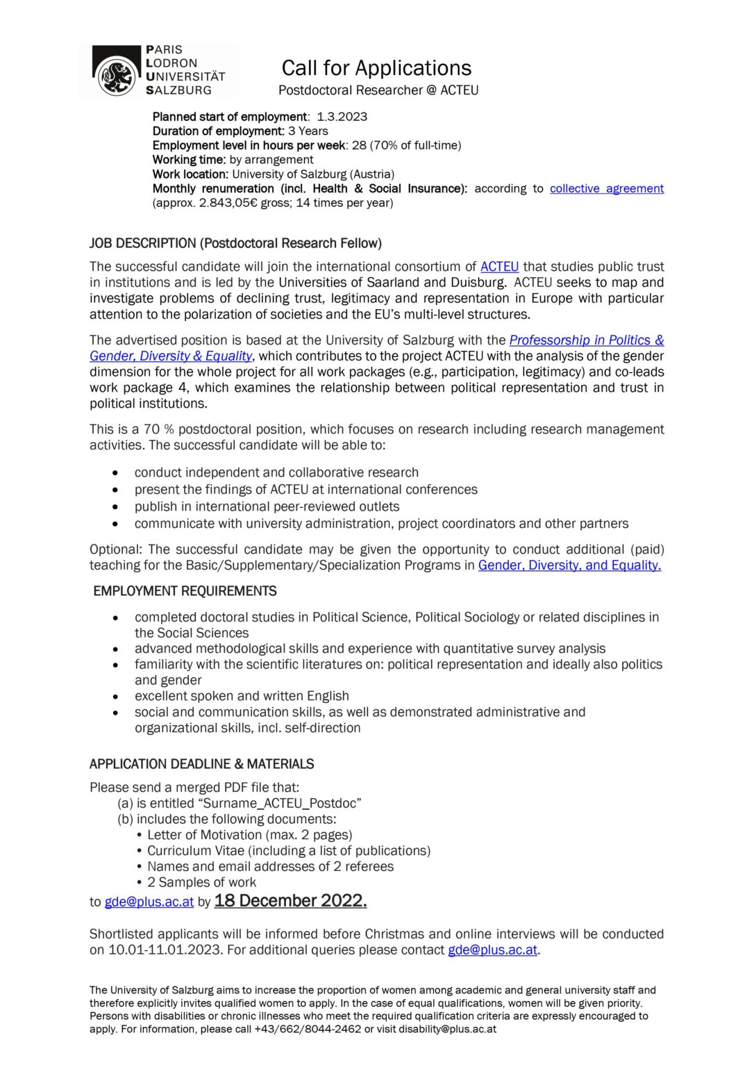 Job alert: Call for Applications Postdoctoral Researcher @ ACTEU ...